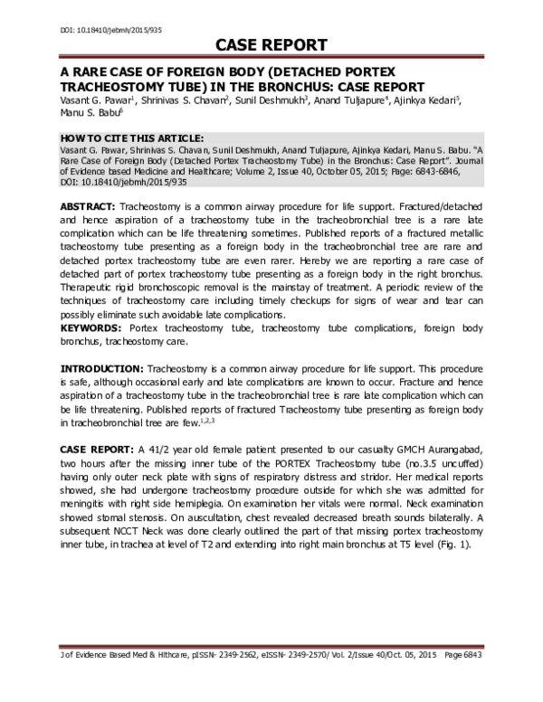 (PDF) A Rare Case of Foreign Body (Detached Portex Tracheostomy Tube ...