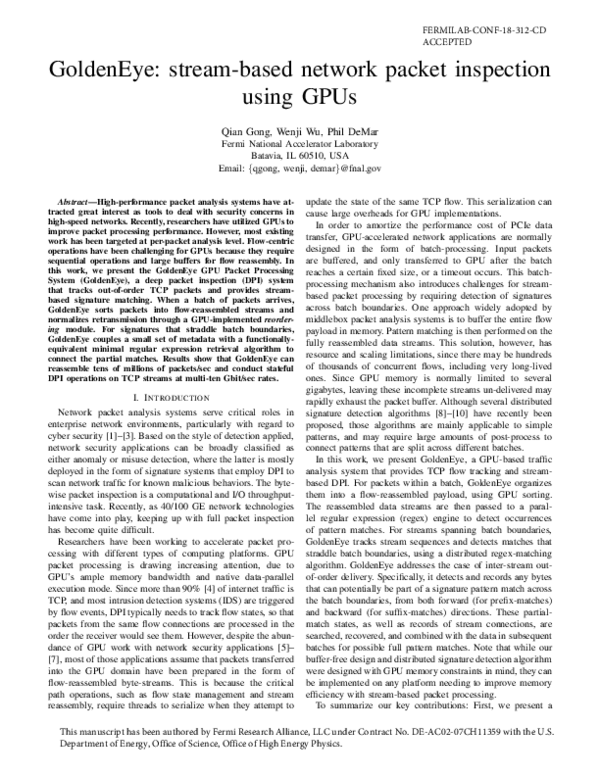 (PDF) GoldenEye:Stream-Based Network Packet Inspection using GPUs