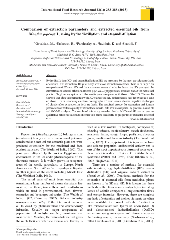 (PDF) Comparison of extraction parameters and extracted essential oils from Mentha piperita L ...