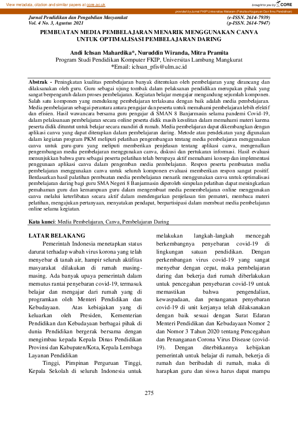 (PDF) Pembuatan Media Pembelajaran Menarik Menggunakan Canva Untuk Optimalisasi Pembelajaran Daring