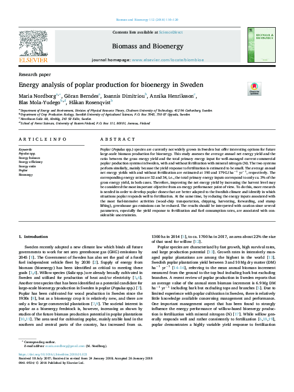 (PDF) Energy analysis of poplar production for bioenergy in Sweden