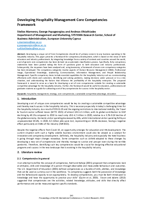 (PDF) Developing Hospitality Management Core Competencies Framework