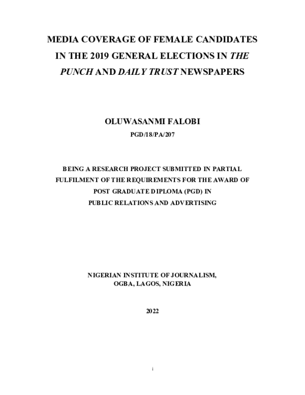 (PDF) MEDIA COVERAGE OF FEMALE CANDIDATES IN THE 2019 GENERAL ELECTIONS ...