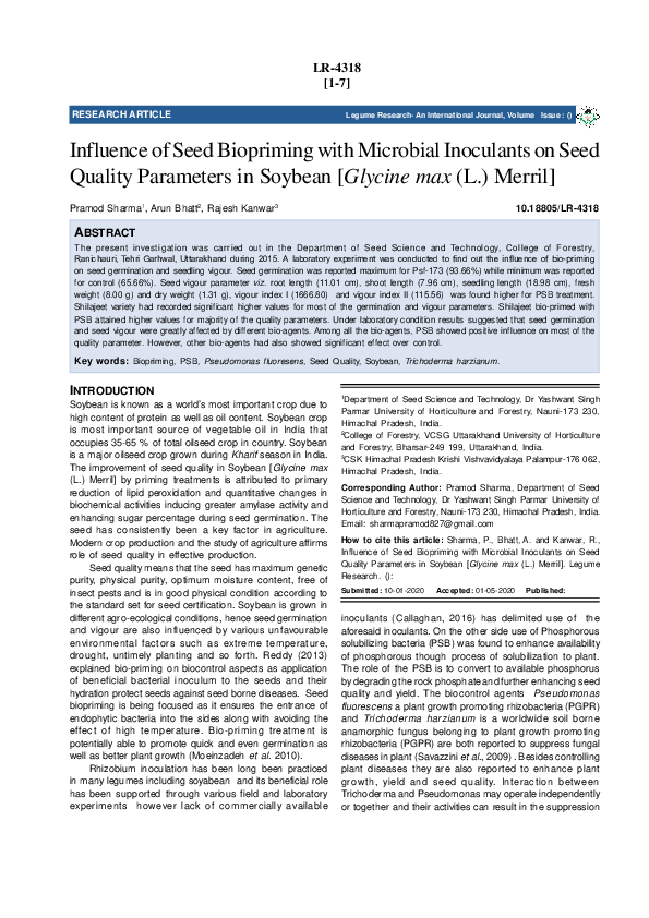 (PDF) Influence of Seed Biopriming with Microbial Inoculants on Seed ...