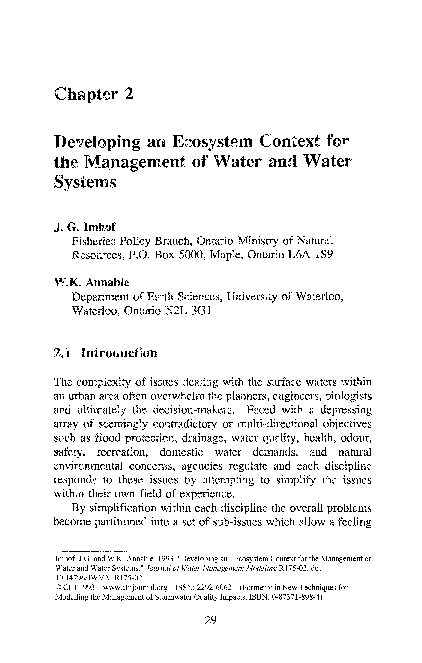 Developing an Ecosystem Context for the Management of Water and Water ...