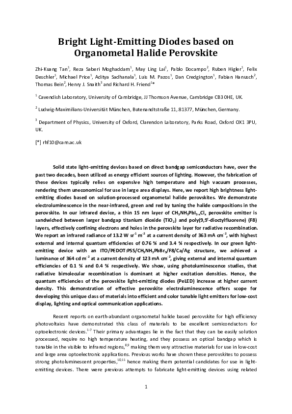 (PDF) Bright light-emitting diodes based on organometal halide perovskite