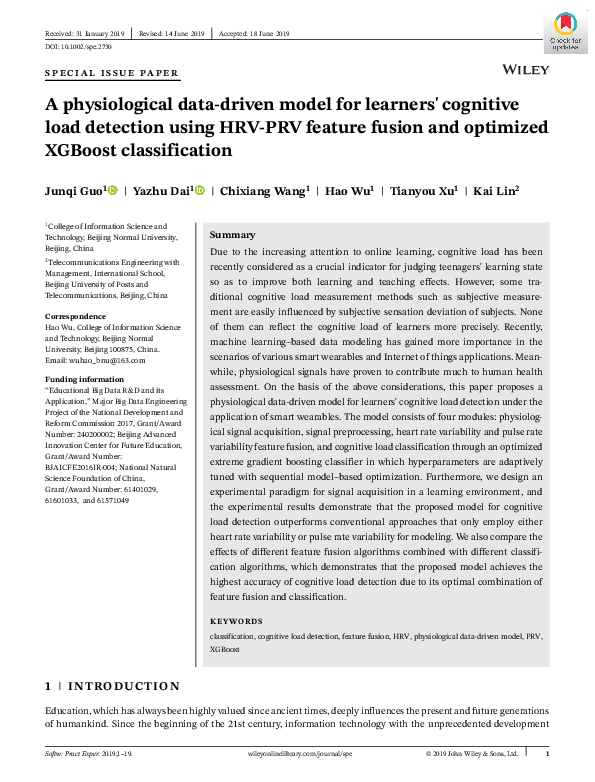 Pdf A Physiological Data‐driven Model For Learners Cognitive Load Detection Using Hrv‐prv