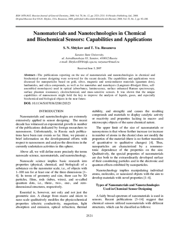 (PDF) Nanomaterials and nanotechnologies in chemical and biochemical sensors: Capabilities and ...