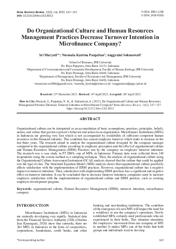 (PDF) Do Organizational Culture and Human Resources Management Practices Decrease Turnover ...