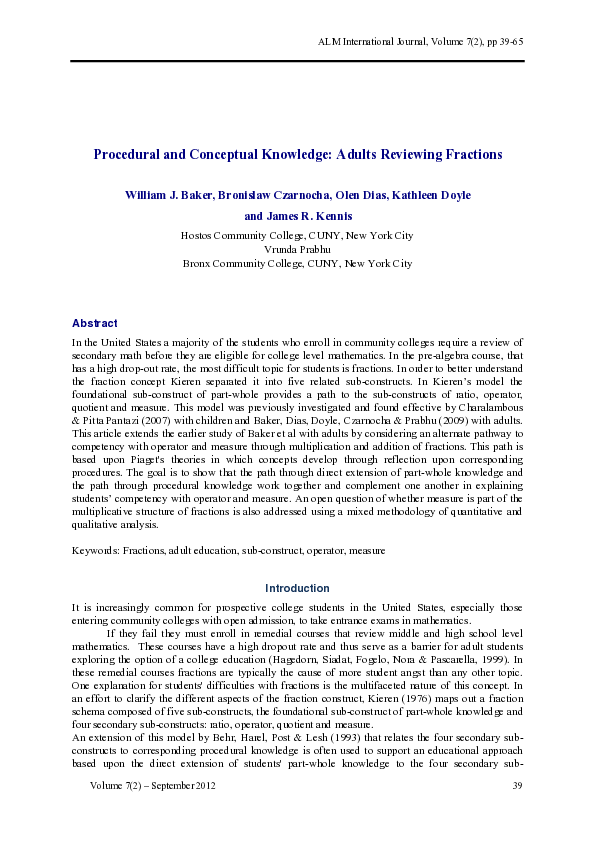 (PDF) Procedural and Conceptual Knowledge: Adults Reviewing Fractions