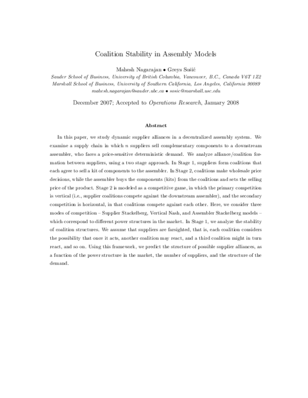 (PDF) Coalition Stability in Assembly Models