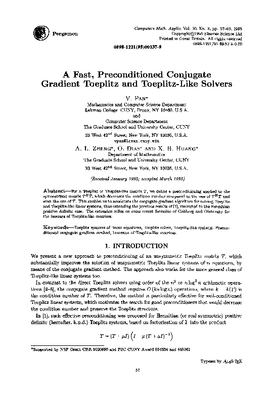 (PDF) A fast, preconditioned conjugate gradient Toeplitz and Toeplitz-like solvers