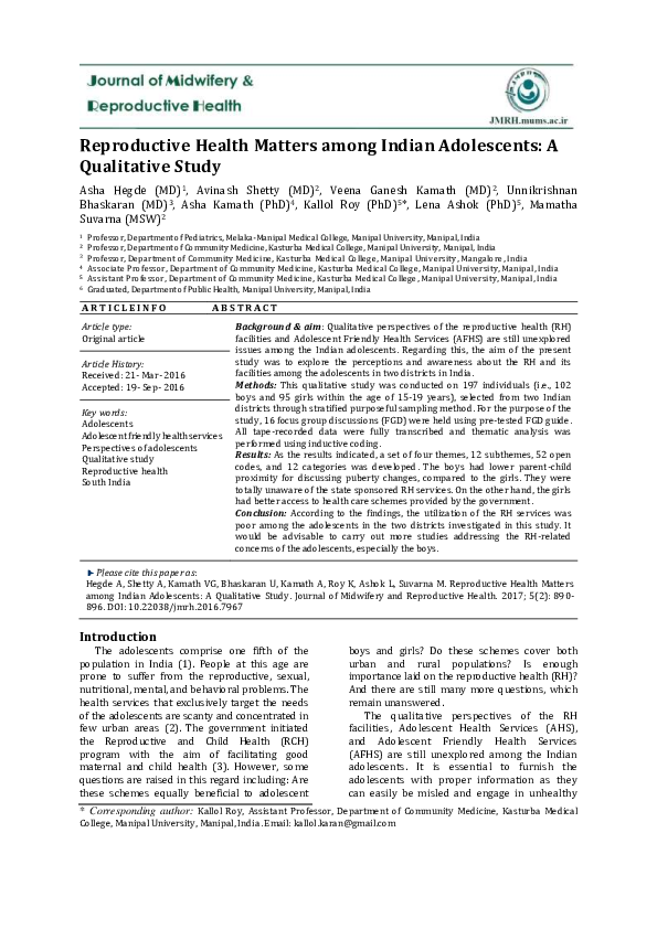 (PDF) Reproductive Health Matters among Indian Adolescents: A ...