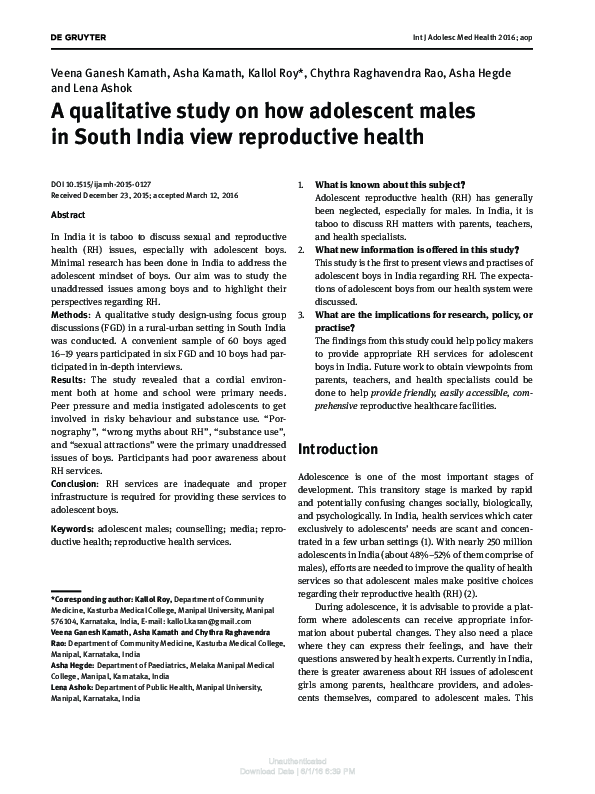 (PDF) A qualitative study on how adolescent males in South India view ...