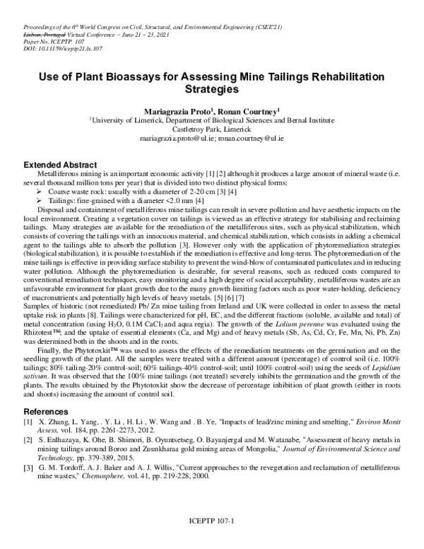 (PDF) Use of Plant Bioassays for Assessing Mine Tailings Rehabilitation ...