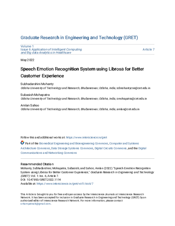 (PDF) Speech Emotion Recognition System using Librosa for Better Customer Experience