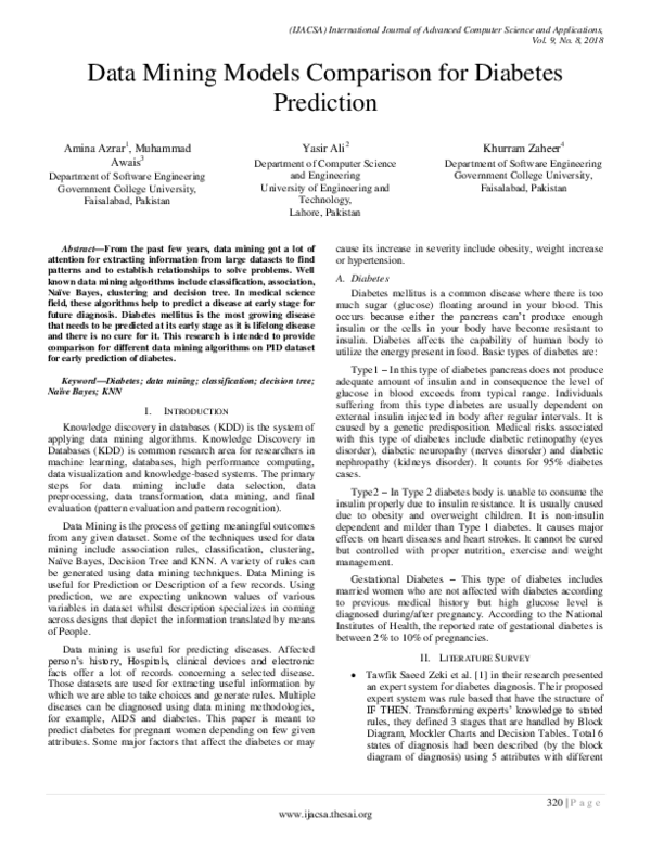 (PDF) Data Mining Models Comparison for Diabetes Prediction