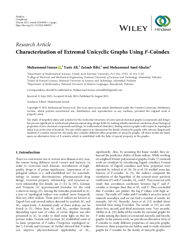 (PDF) Characterization of Extremal Unicyclic Graphs Using F-Coindex | Yasir Ali - Academia.edu