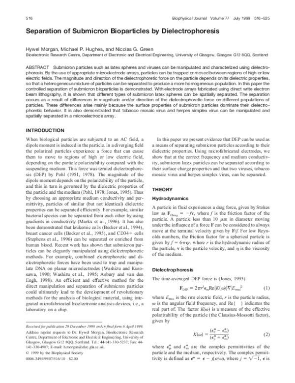 (PDF) Separation of Submicron Bioparticles by Dielectrophoresis