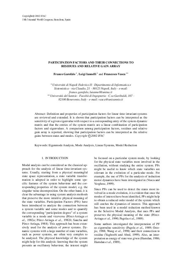 (PDF) Participation Factors and Their Connections to Residues and Relative Gain Array