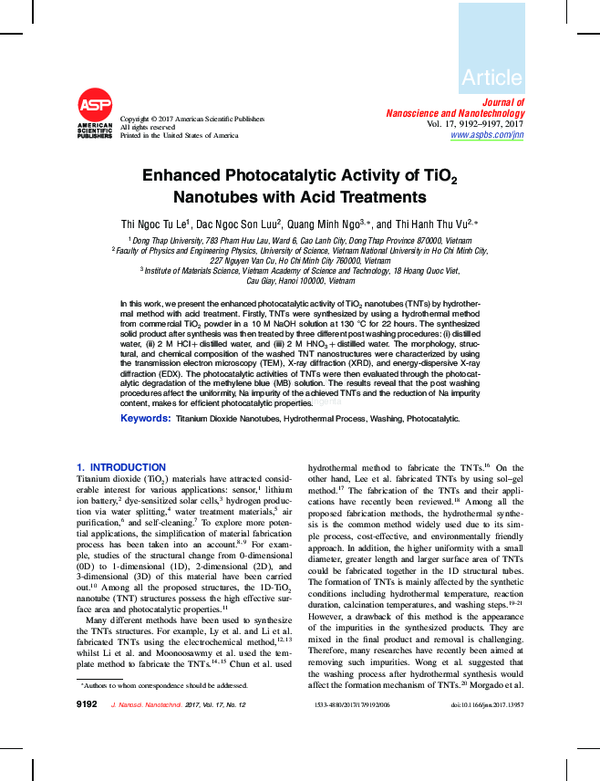 Pdf Enhanced Photocatalytic Activity Of Tio2 Nanosheets By Doping With Cu For Chlorinated
