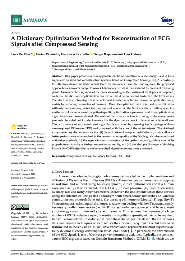 (PDF) A Dictionary Optimization Method for Reconstruction of ECG Signals after Compressed Sensing