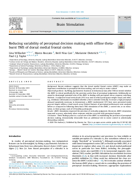 Pdf Reducing Variability Of Perceptual Decision Making With Offline Theta Burst Tms Of Dorsal