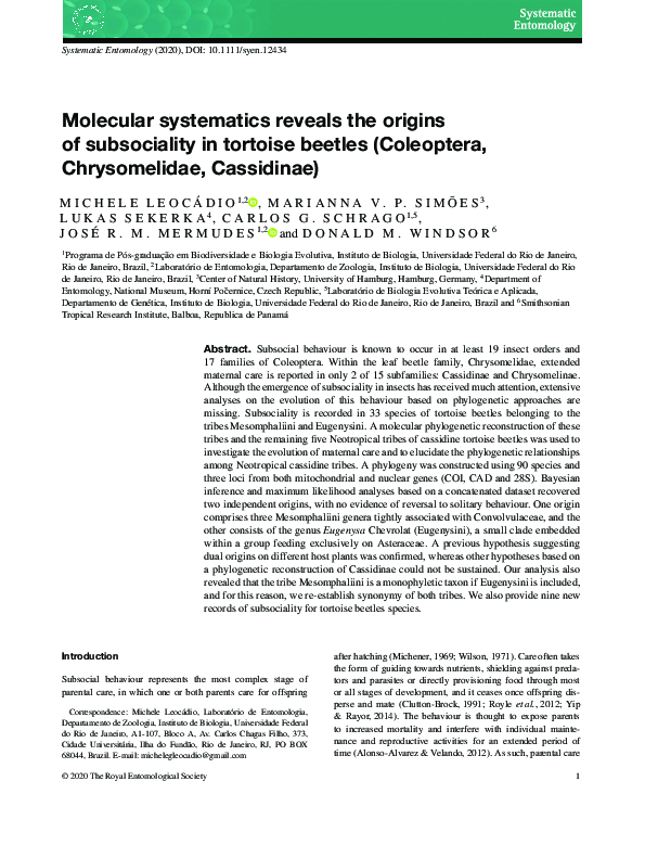 (PDF) Molecular systematics reveals the origins of subsociality in tortoise beetles (Coleoptera ...