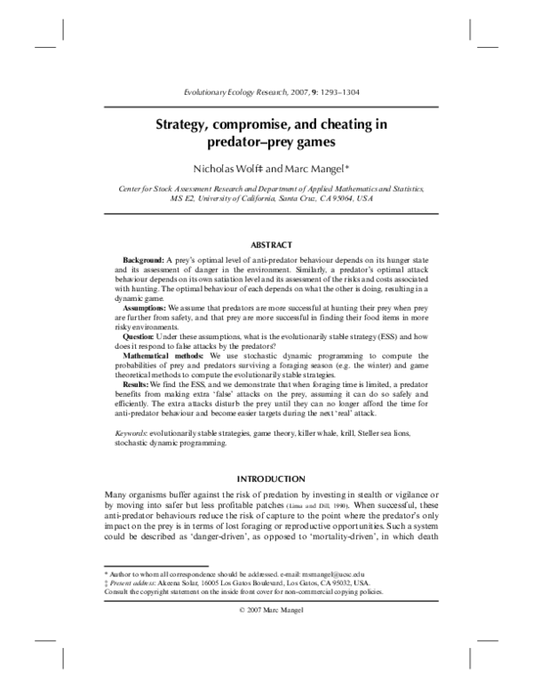(PDF) Strategy, compromise, and cheating in predator-prey games