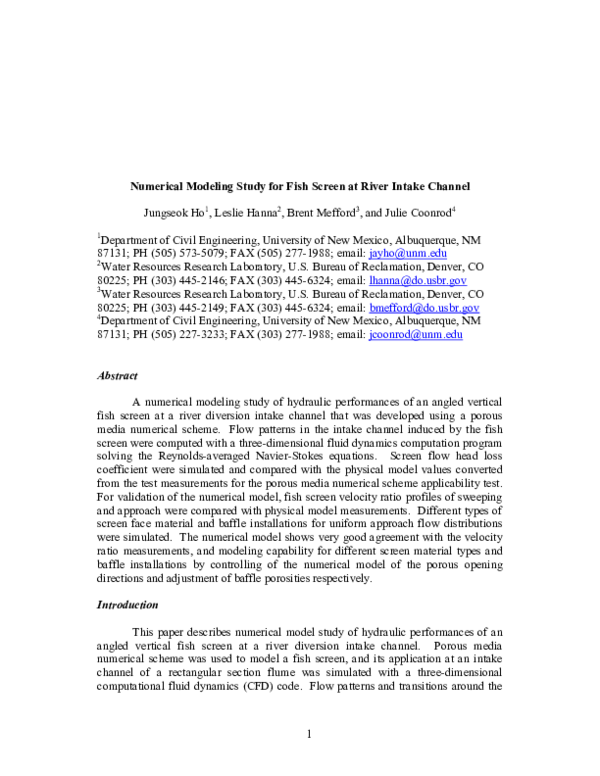 (PDF) Numerical Modeling Study for Fish Screen at River Intake Channel