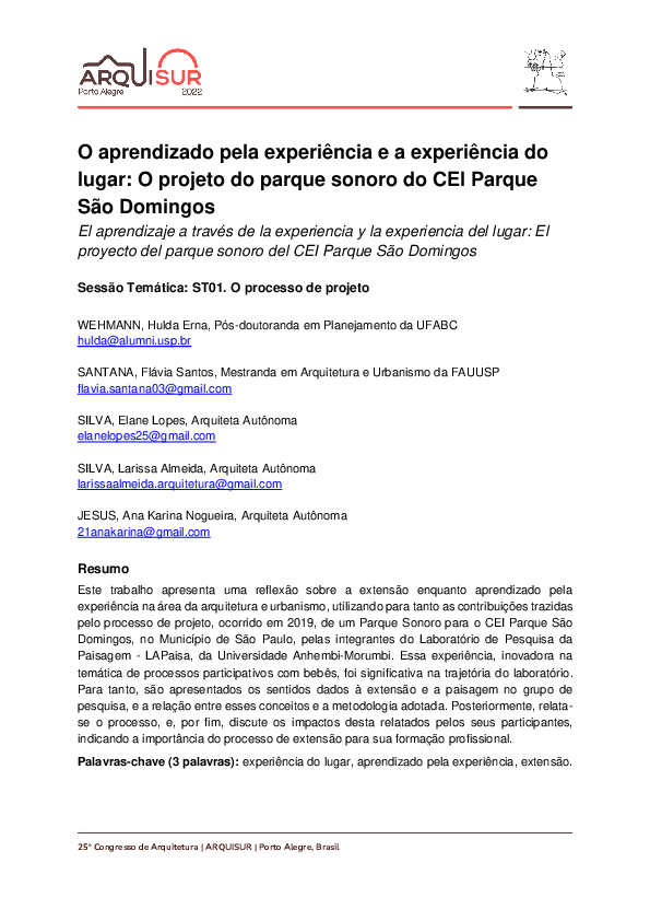 (PDF) O aprendizado pela experiência e a experiência do lugar: O projeto do parque sonoro do CEI ...