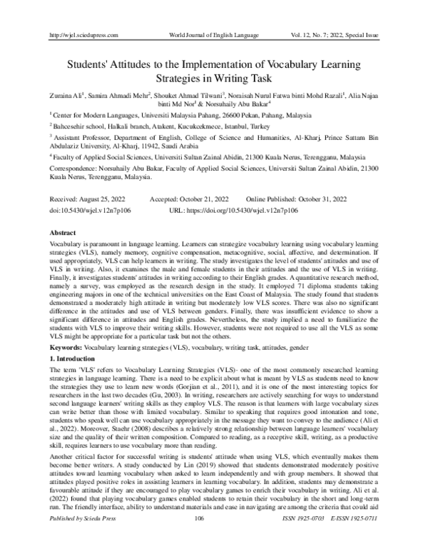 (PDF) Students' Attitudes to the Implementation of Vocabulary Learning Strategies in Writing Task