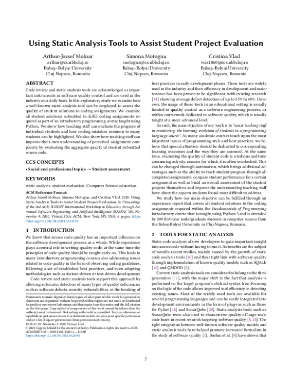 (PDF) Using static analysis tools to assist student project evaluation