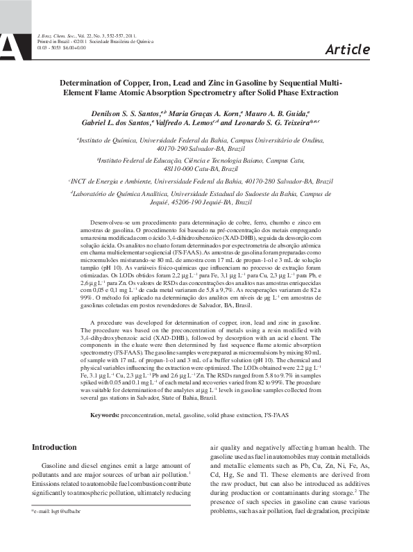 Pdf Determination Of Copper Iron Lead And Zinc In Gasoline By Sequential Multi Element Flame