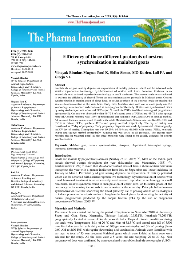 (PDF) Efficiency of three different protocols of oestrus synchronization in malabari goats