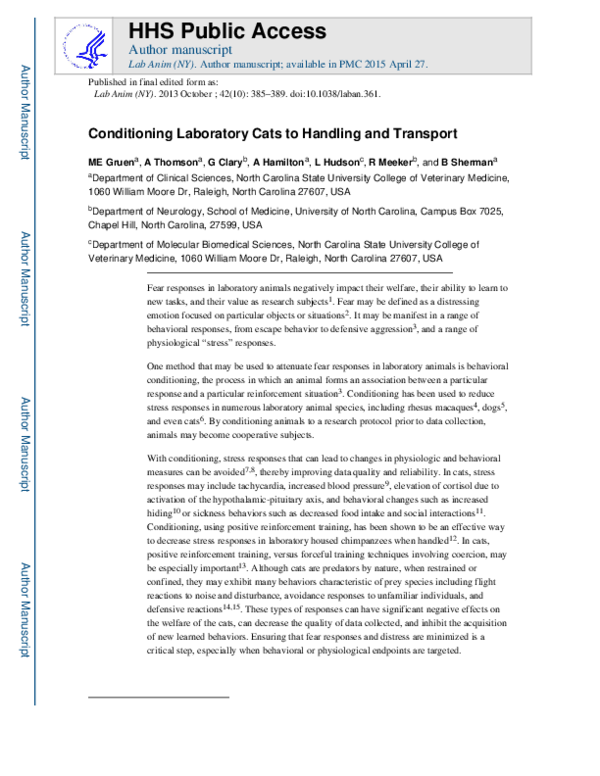 (PDF) Conditioning laboratory cats to handling and transport