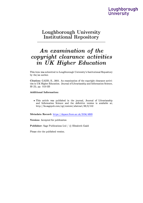(PDF) An examination of the copyright clearance activities in UK Higher ...