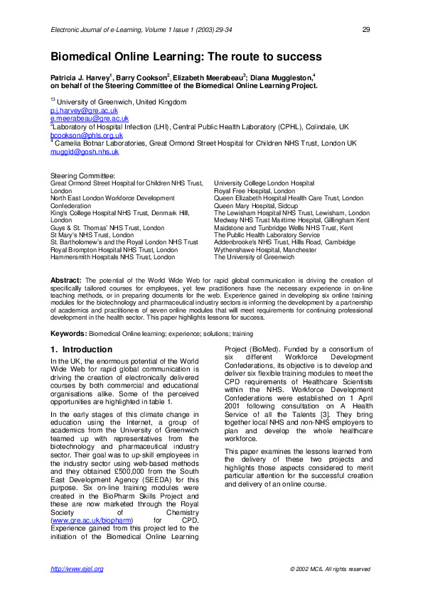 (PDF) Biomedical Online Learning: The route to success