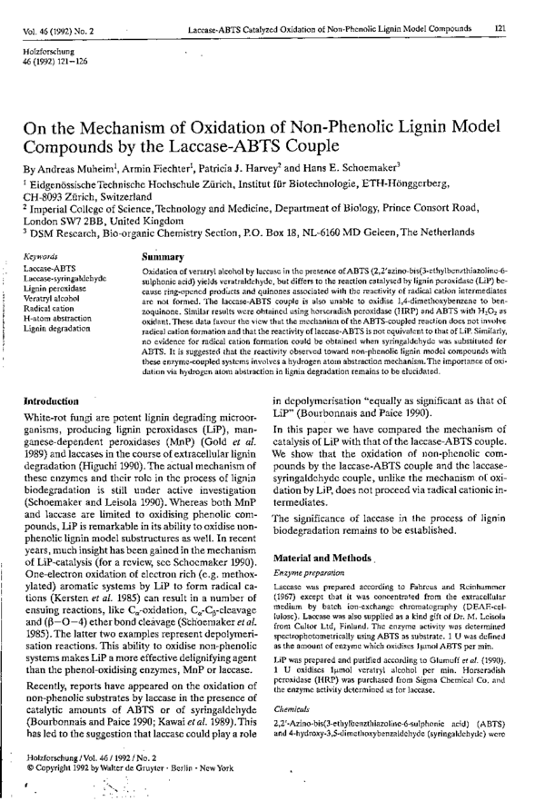 On the Mechanism of Oxidation of Non-Phenolic Lignin Model Compounds by the Laccase-ABTS Couple
