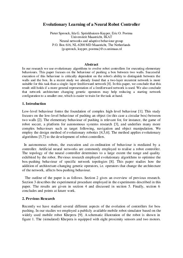 (PDF) Evolutionary learning of a neural robot controller