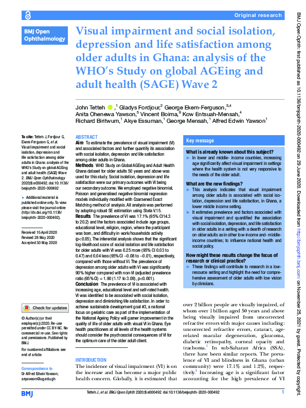 (PDF) Visual impairment and social isolation, depression and life satisfaction among older ...