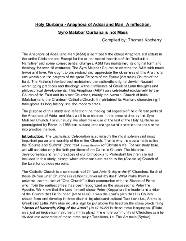 (DOC) Holy Qurbana -Anaphora of Addai and Mari: A reflection