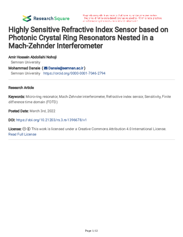 (PDF) Highly Sensitive Refractive Index Sensor based on Photonic Crystal Ring Resonators Nested ...