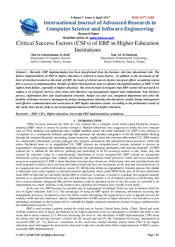 (PDF) Critical Success Factors (CSFs) of ERP in Higher Education Institutions