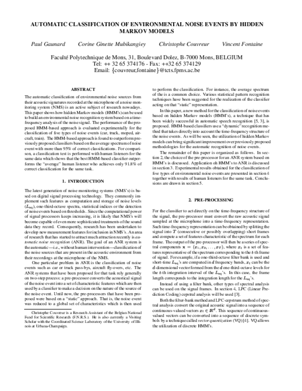 (PDF) Automatic Classification of Environmental Noise Events by Hidden Markov Models