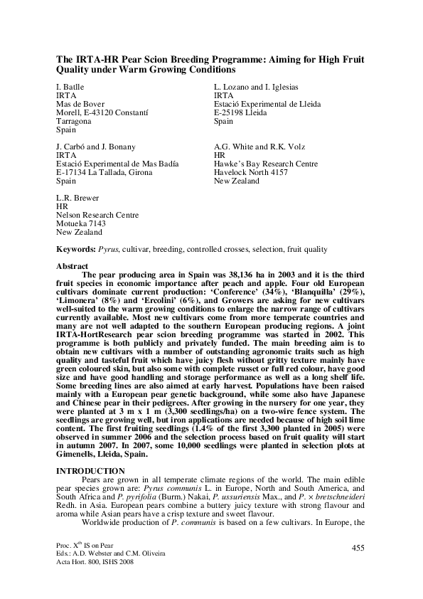 (PDF) The Irta-HR Pear Scion Breeding Programme: Aiming for High Fruit Quality Under Warm ...
