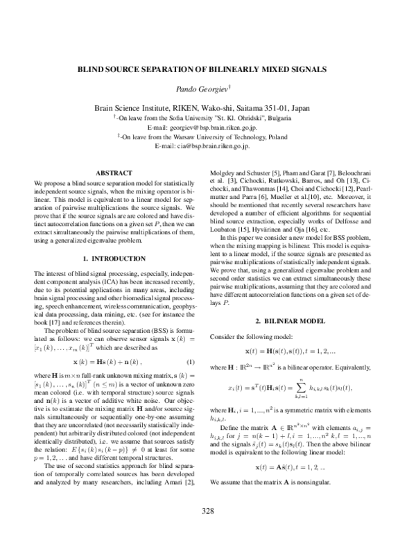 (PDF) Blind source separation of bilinearly mixed signals