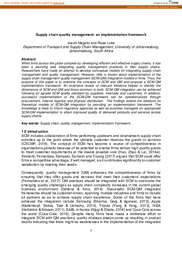 (PDF) Supply chain quality management : an implementation framework