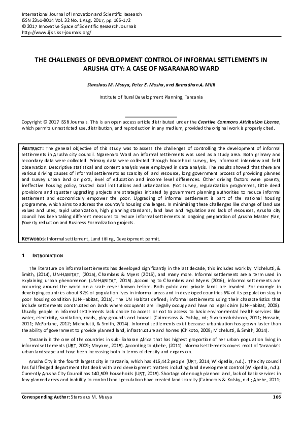 (PDF) The Challenges of Development Control of Informal Settlements in Arusha City: A Case of ...
