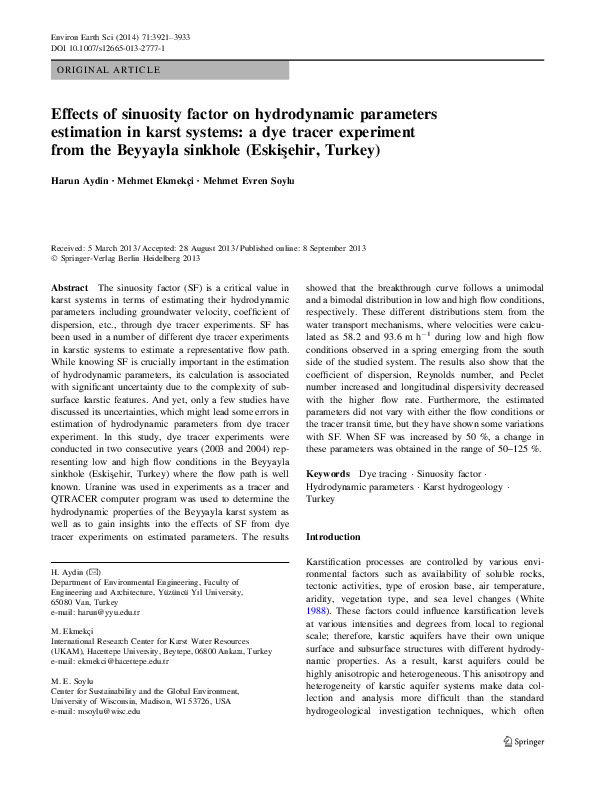 (PDF) Effects of sinuosity factor on hydrodynamic parameters estimation in karst systems: a dye ...